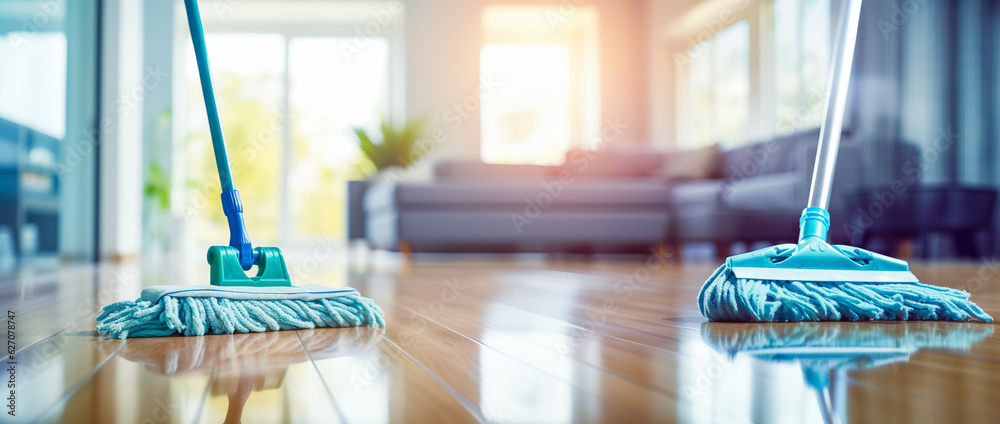 Floor cleaning with mob and cleanser foam. Cleaning tools on parquet ...