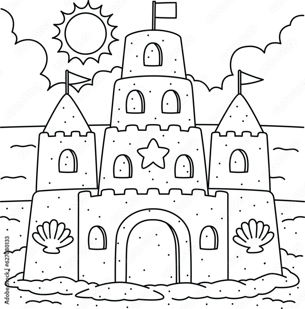 Sandcastle Summer Coloring Page for Kids Stock Vector | Adobe Stock