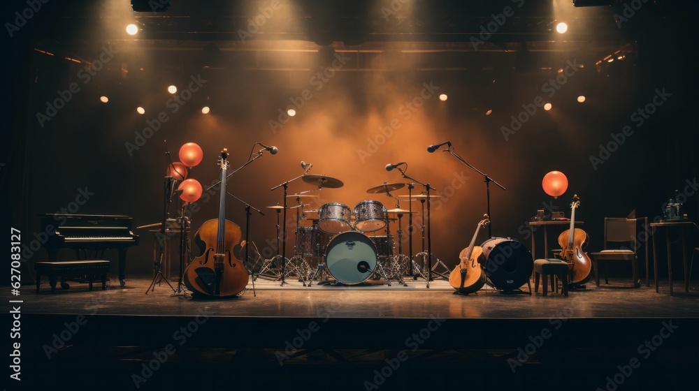 Empty rock concert stage with instruments and smoke Stock Photo | Adobe ...