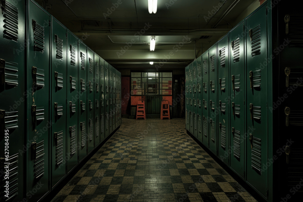 Dark school hallway with dirty lockers Stock Photo | Adobe Stock