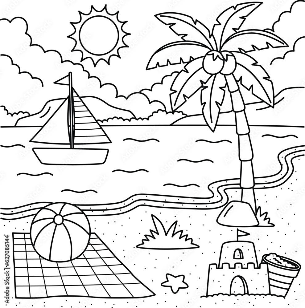 Beach Summer Coloring Page for Kids Stock Vector | Adobe Stock