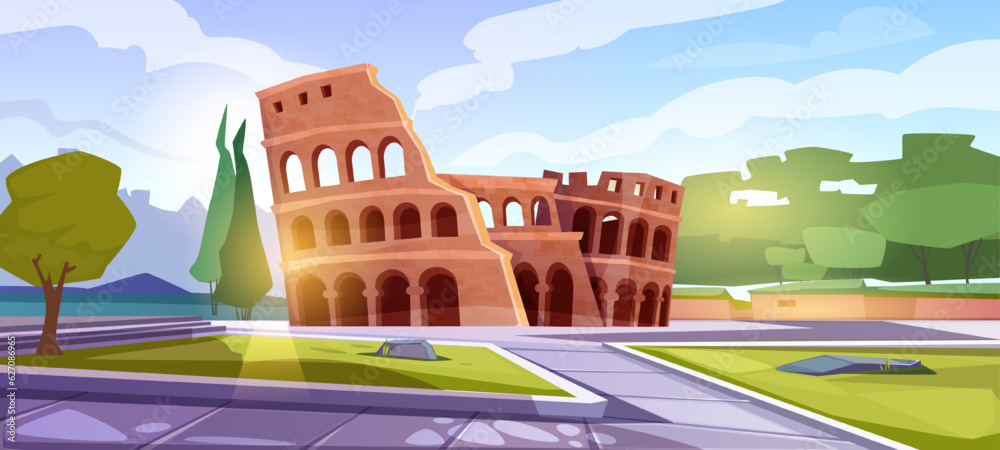 Ancient historic coliseum scenery. Poster with horizontal landscape and ...