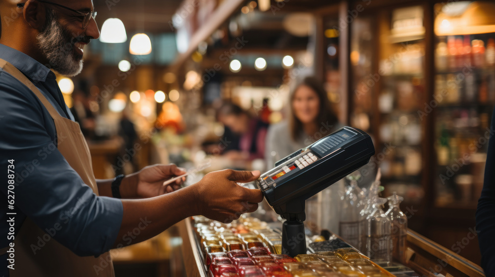 Customer paying with credit card at counter in coffee shop. Focus on ...
