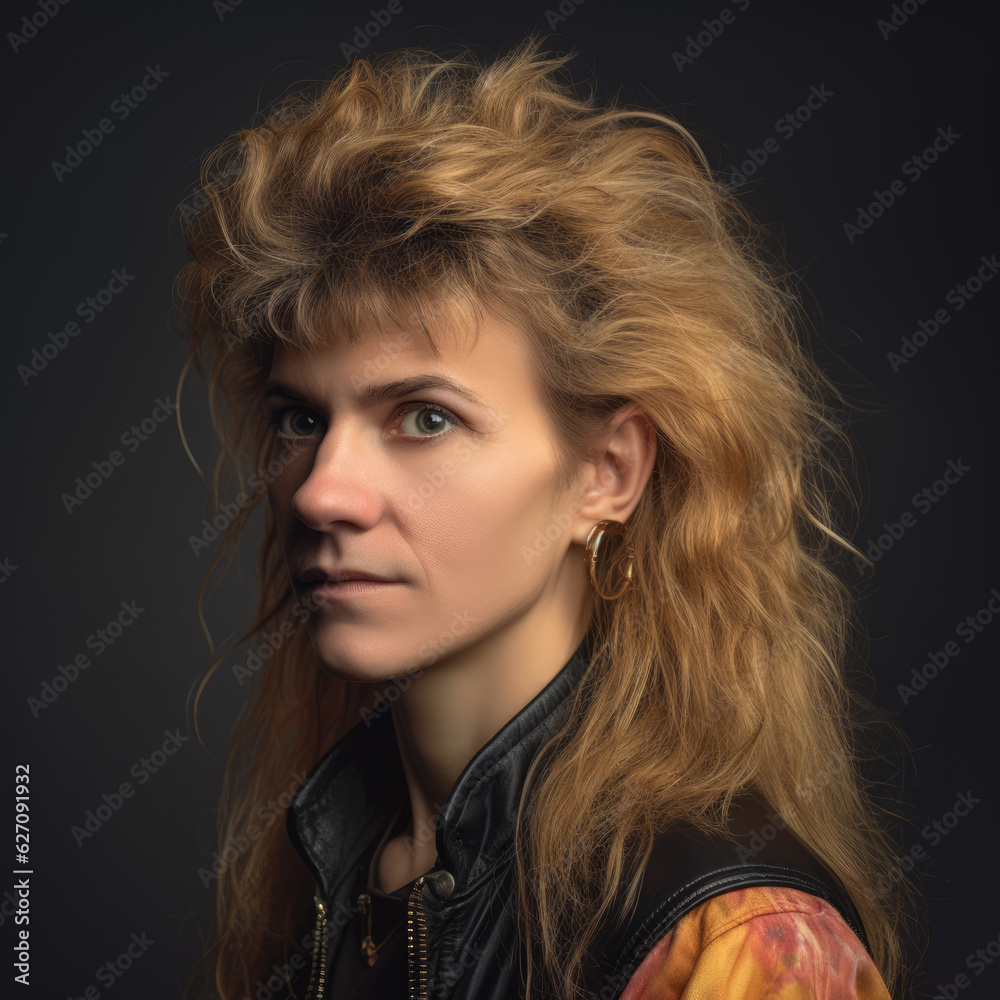 80s Glamour Revival. Studio Portrait of a male with a Mullet Hairstyle ...