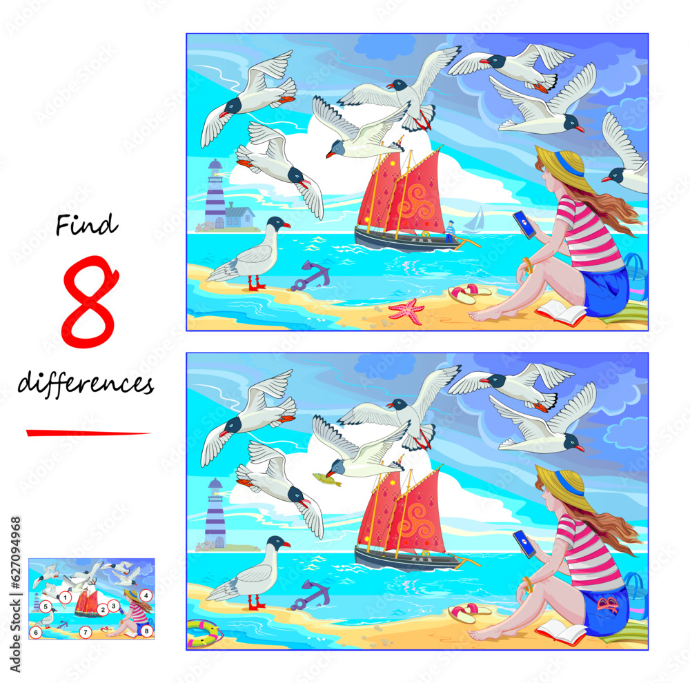 Find 8 differences. Illustration of a girl sitting on the seashore ...