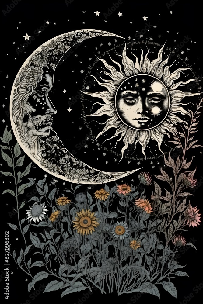 a drawing of a sun and moon in the night sky, a detailed drawing,gothic ...
