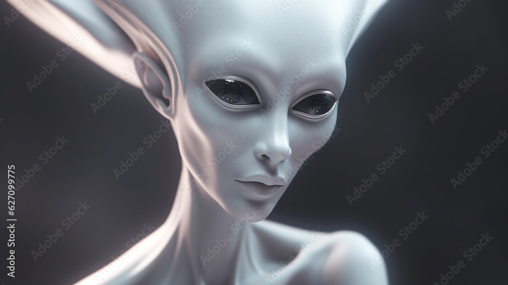 an extraterrestrial being with black eyes and white skin and a large ...