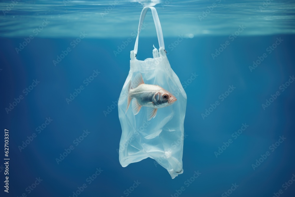 Fish in plastic bag thrown into the sea, plastic pollution underwater ...