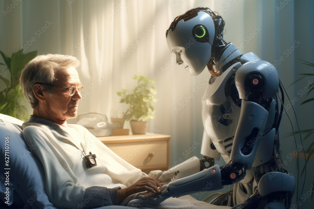 Future Elderly Care. Cyborg Robots monitoring vital signs and ...