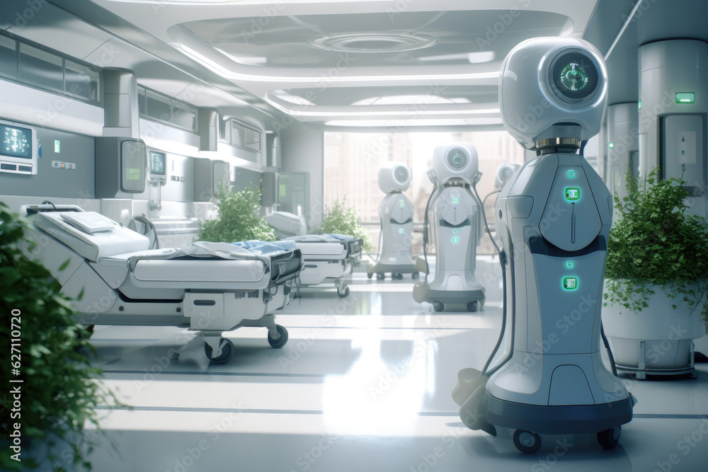 Future Elderly Care. Cyborg Robots monitoring vital signs and ...