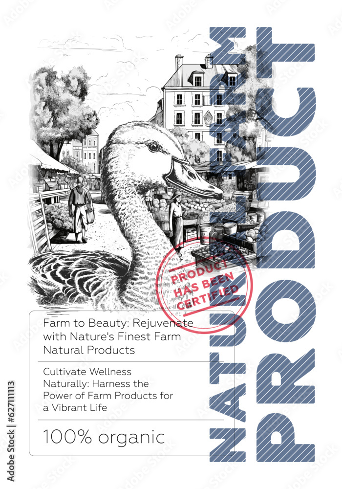 Natural farm product poster. Vintage sketch duck on village market ...
