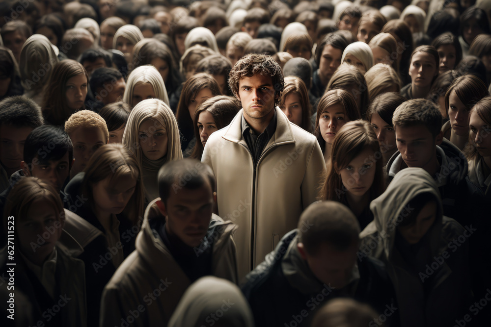 One person standing out from the crowd. Diversity, be different concept ...