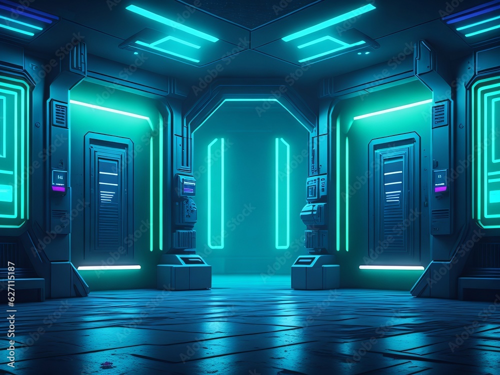 Modern Futuristic Sci Fi Concept Background Dark Room With Neon Glowing ...