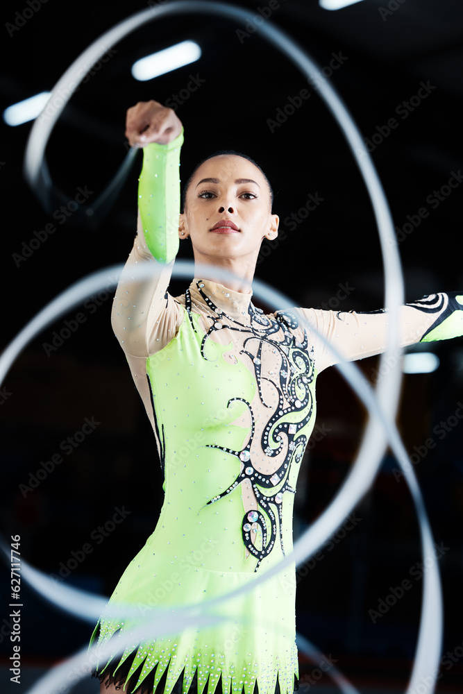 Fotka „Gymnastics, dance performance and woman with ribbon for rhythmic ...