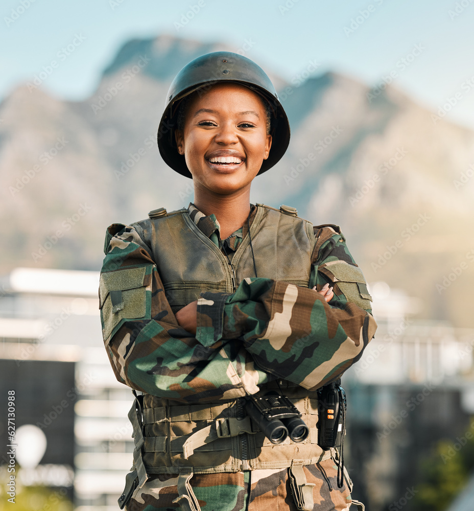 Military, portrait and happy black woman with arms crossed in city for ...