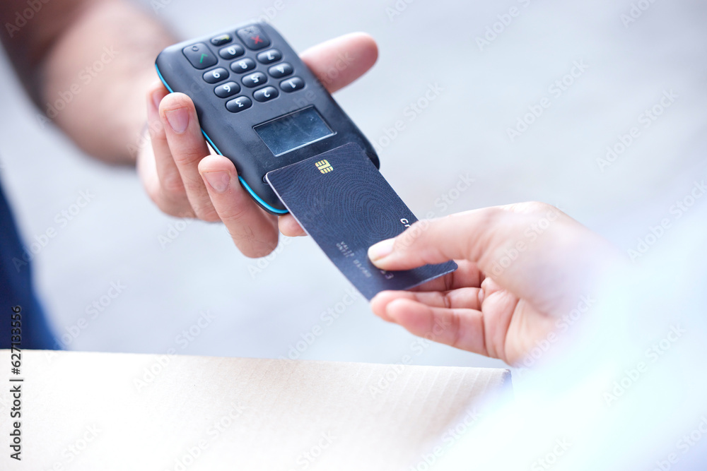 Card machine, delivery and people hands with online payment, digital ...