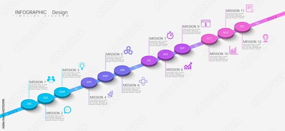 Vetor de Infographic workflow diagram 12 months infographic number ...