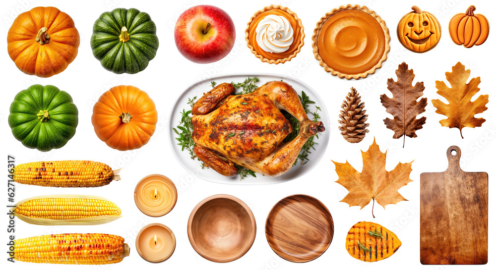 Set of various objects for thanksgiving day isolated on transparent ...