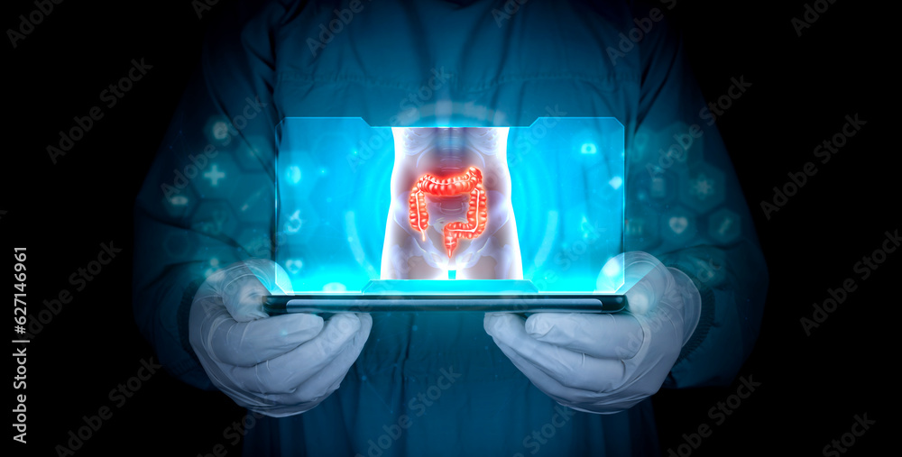 Doctor projects the human large intestine on the tablet. Study and ...