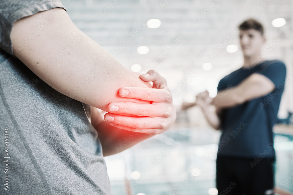 Elbow pain, injury and fitness with person and health problem ...
