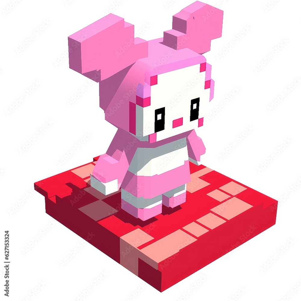 3D isometric voxel pixel art comic drawing style pink rabbit, bunny ...