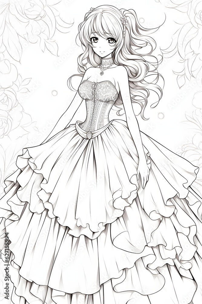 Full body beautifull curved anime girl coloring page black and white ...