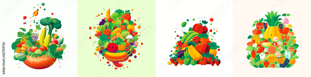 Bright and colorful illustrations with floating fruits and vegetables ...
