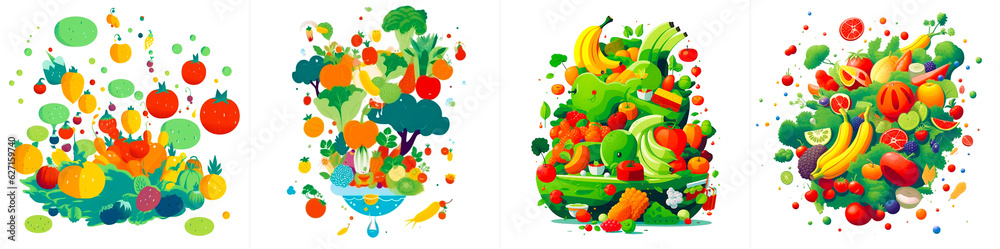 Bright and colorful illustrations with floating fruits and vegetables ...