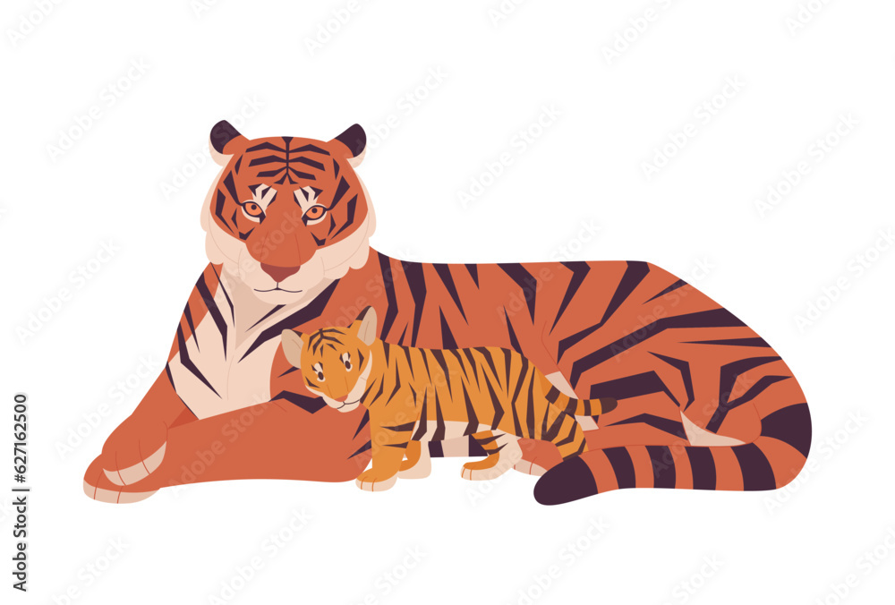 Parents and baby animals. The mother tiger is lying on the floor and ...