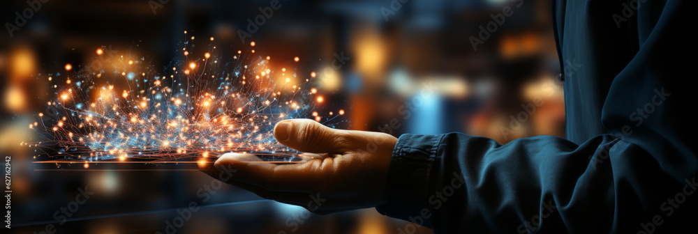 Hand touching a knowledge graph, virtual reality, metaverse, network ...