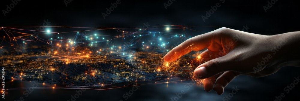 Hand touching a knowledge graph, virtual reality, metaverse, network ...