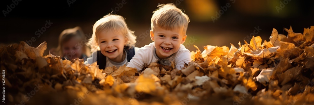 Children Playing In A Pile Of Leaves In The Park.Fall Fun, Leaf Pile ...