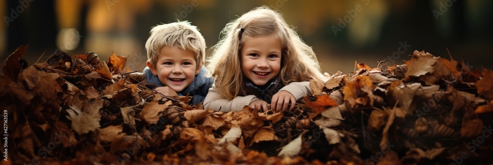 Children Playing In A Pile Of Leaves In The Park. Leaf Pile Fun ...
