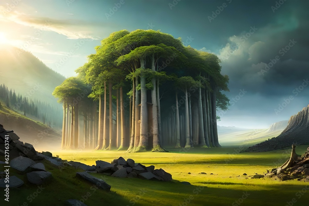 An ancient and mystical forest shrouded in mist, colossal trees ...