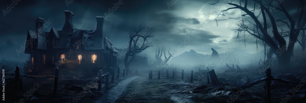 Spooky Haunted House On A Foggy Night Halloween. Creepy Haunted House ...