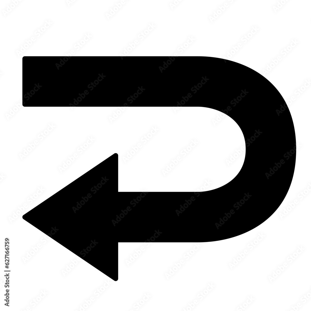 Black go back return arrow icon, simple vector u turn shape pointer ...