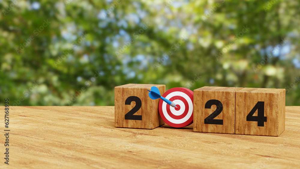 2024 Year wooden cubes with dart and target icon. Goal, Target ...