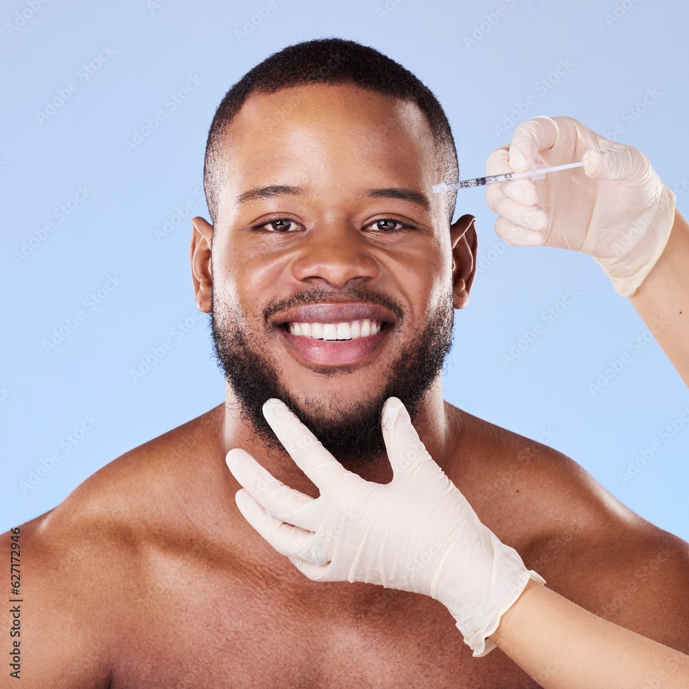 Needle, man and portrait for skincare, beauty process and filler in studio. Face of black male ...