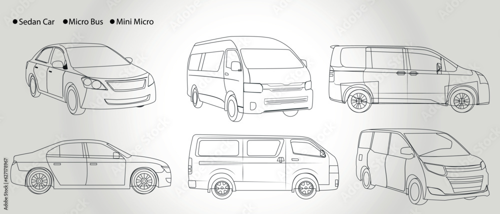 Carline drawings vector set of bus, sedan, minibus, micro, mini micro ...