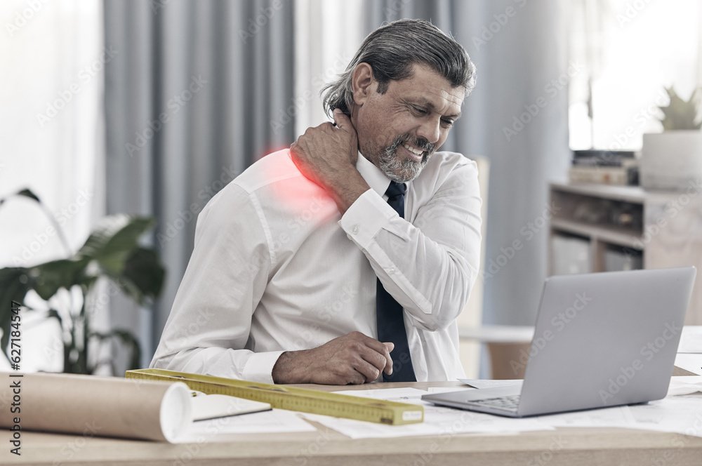 Architect, injury and man with neck pain, stress and accident with ...