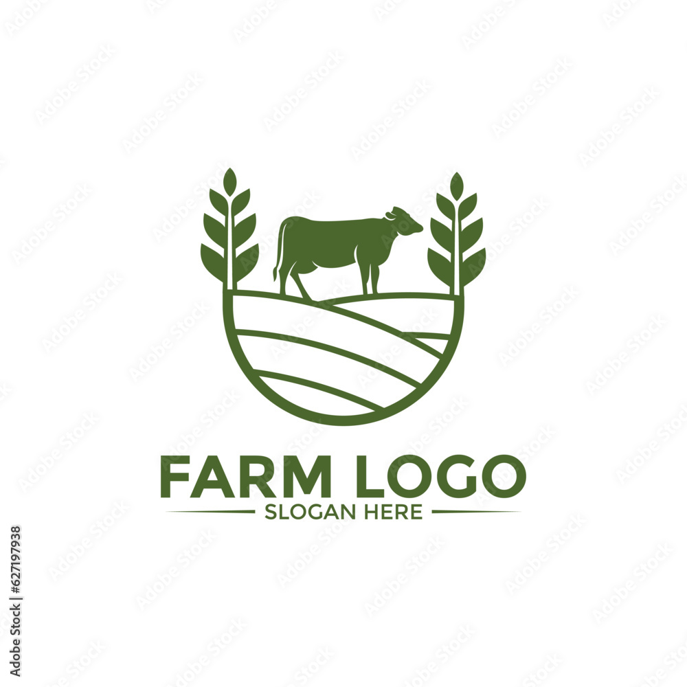 Farm logo vector, Cow or Cattle on field and wheat vector logo template ...