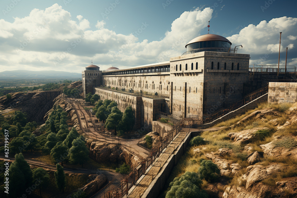 A high-security prison complex with tall walls, barbed wire fences, and ...