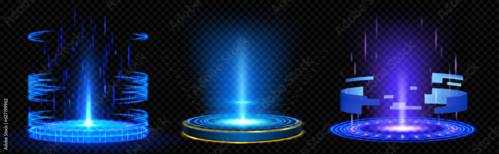 Set of high tech hologram portals with blue light effect. Vector ...