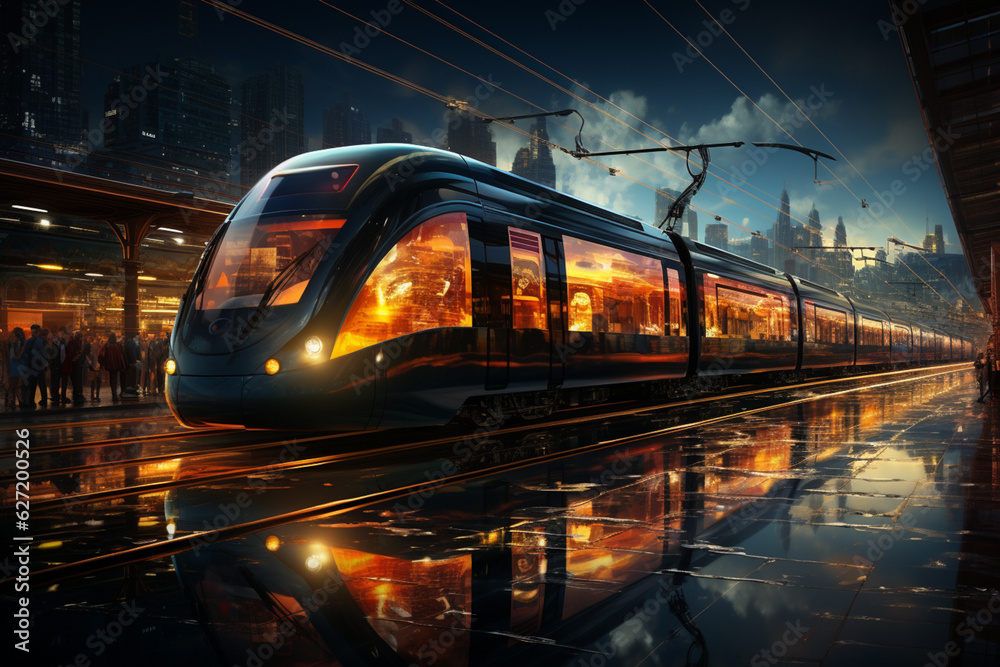 A time-lapse image of trains coming and going at a busy railway ...