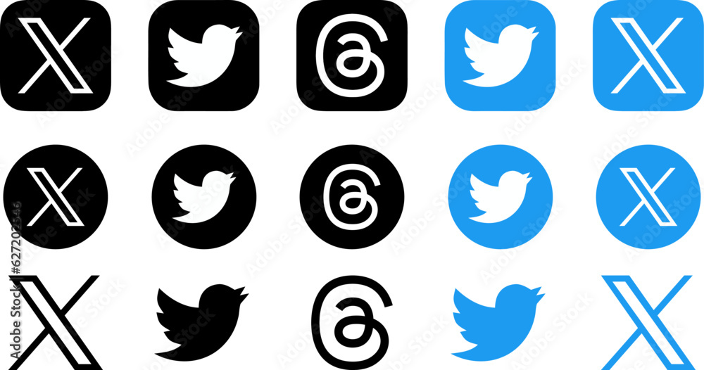 Twitter X new icons. Twitter blue bird rebrand, Threads Meta app black ...