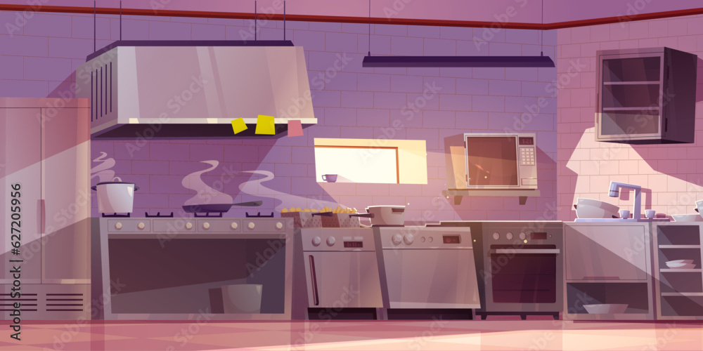 Professional kitchen interior with equipment and furniture. Vector ...