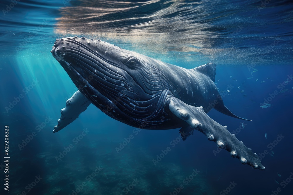 Whale swimming underwater in the ocean. 3D Rendering. A Baby Humpback ...