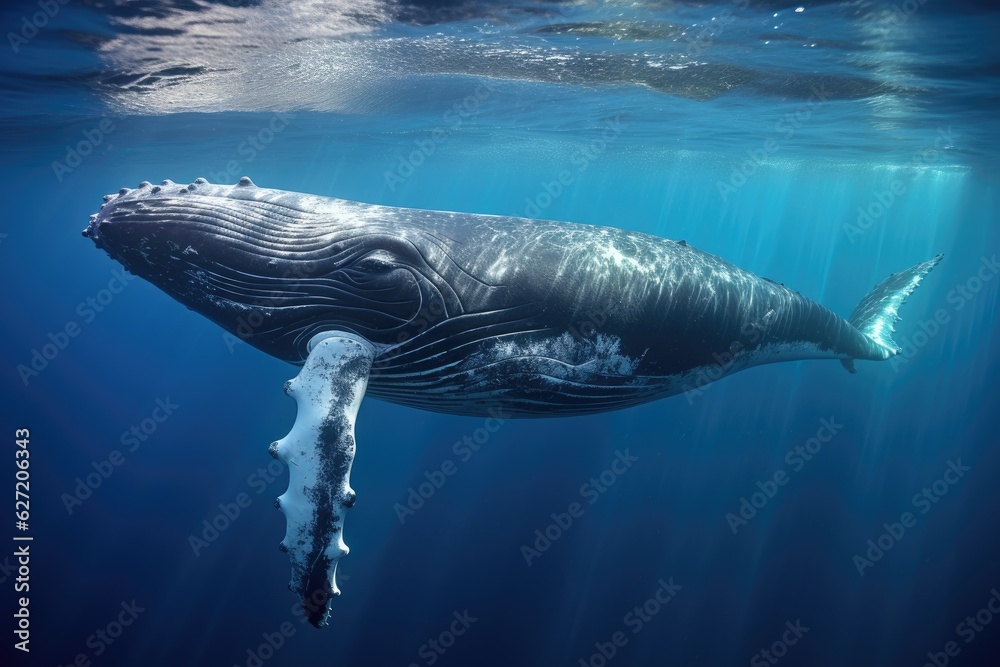 Humpback whale in deep blue ocean. Wildlife scene from underwater. A ...