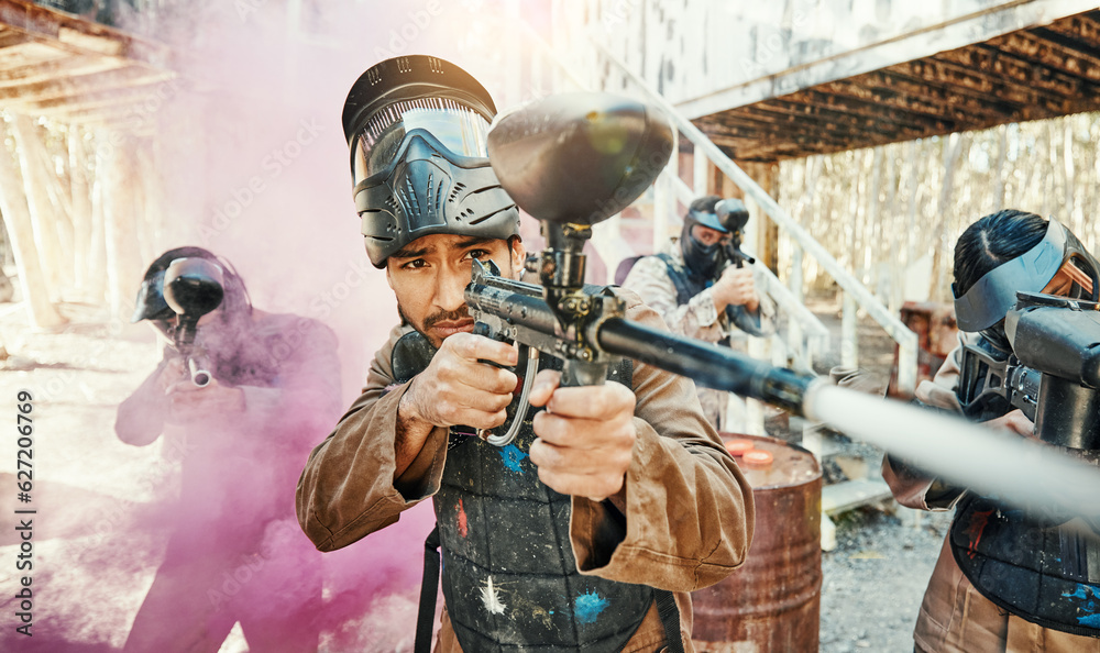 Teamwork, smoke and paintball with man in game for playground, war and ...