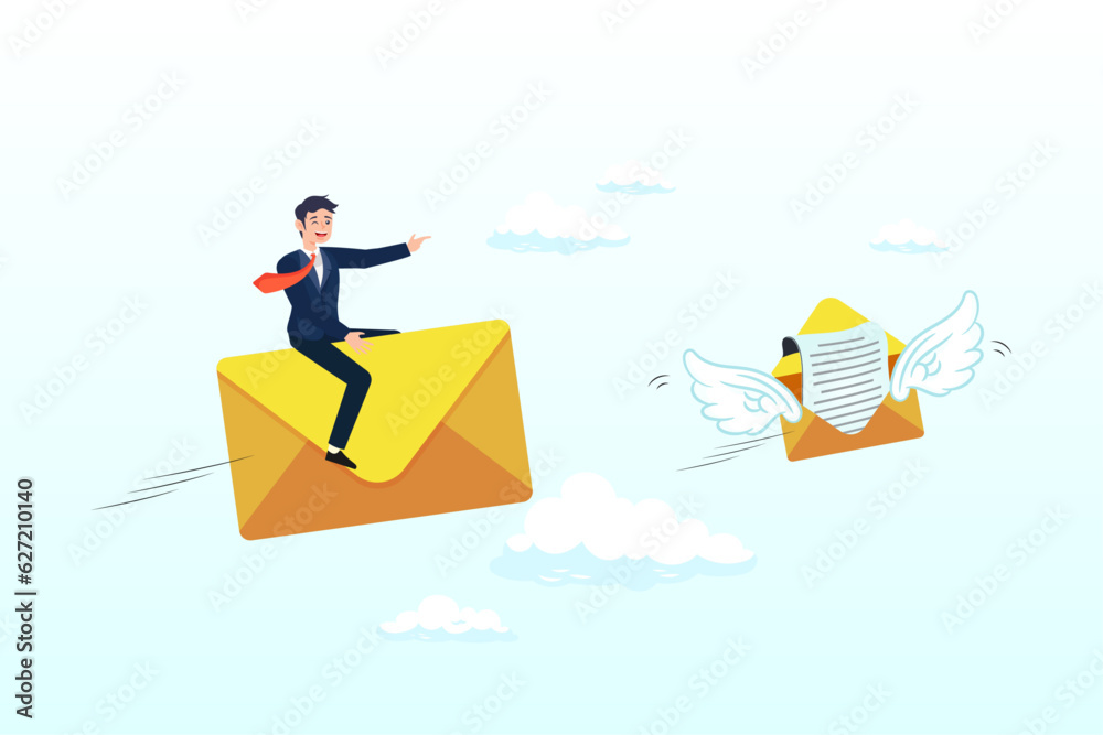 Businessman riding flying follow up email envelop, follow up email ...